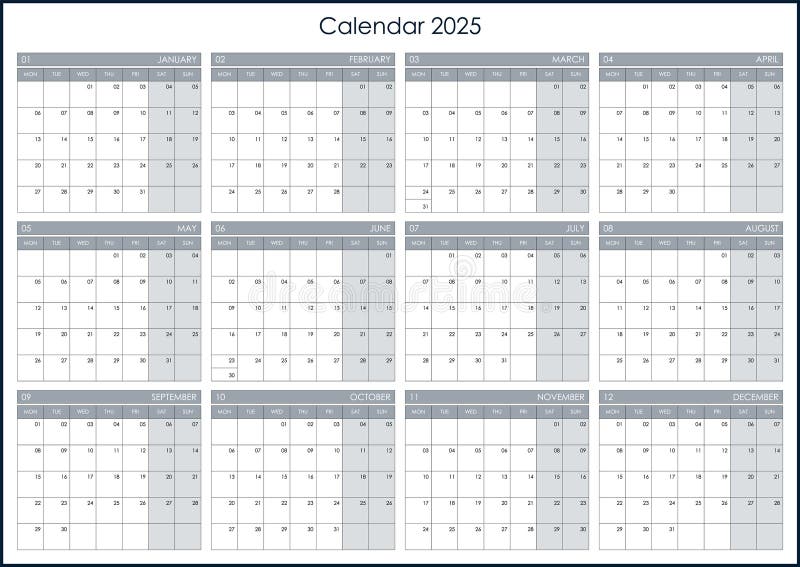 One Page Calendar for 2025, Annual Grid Planner with Blank Copy Space ...