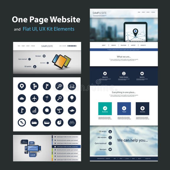 One Page Website Design Template and Flat UI, UX Elements Stock Vector ...