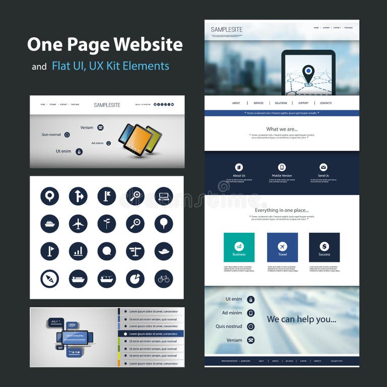 One Page Website Design Template and Flat UI, UX Elements Stock Vector ...