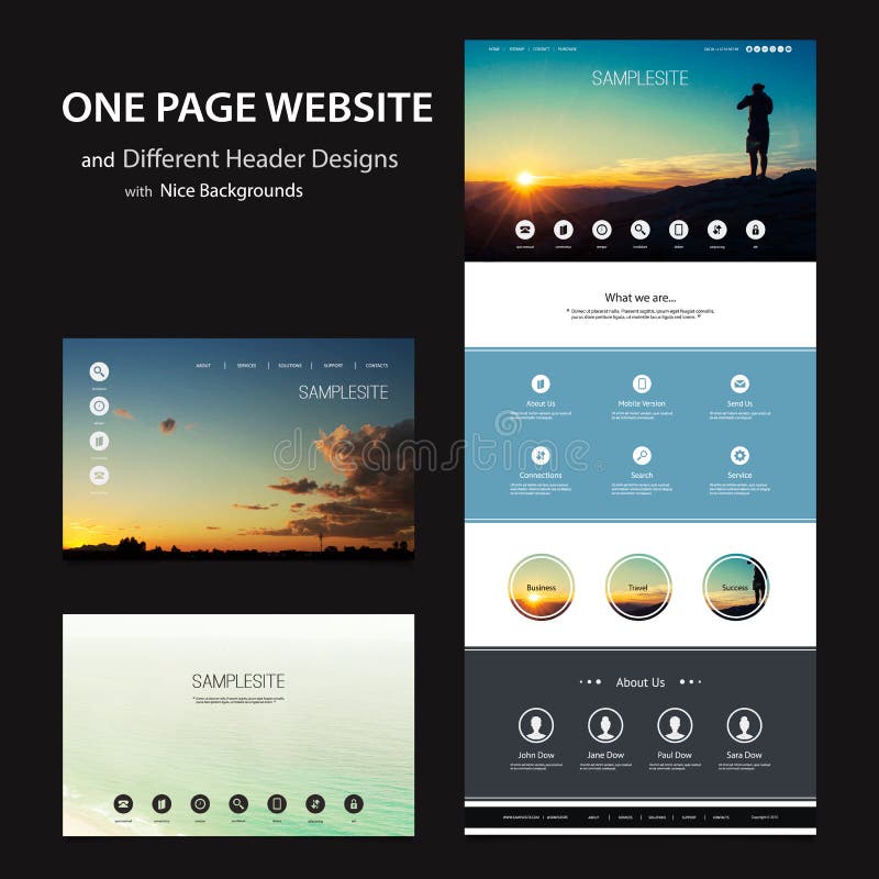 One Page Website Template and Different Header Designs Stock Vector ...