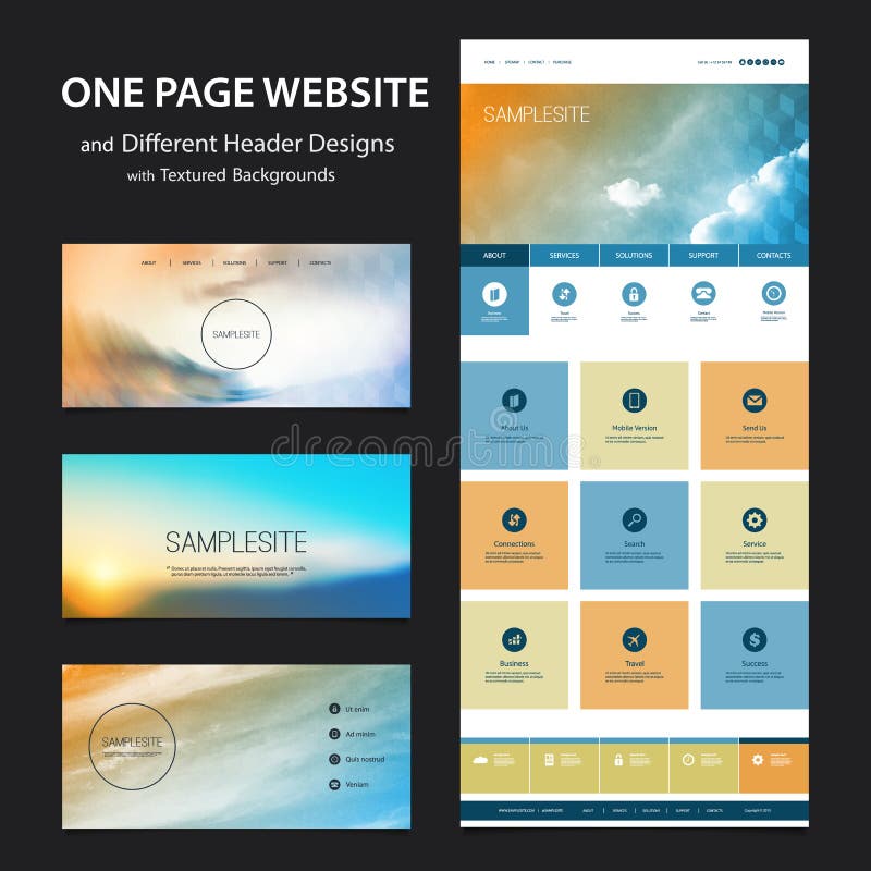 One Page Website Template and Different Header Designs with Blurred ...
