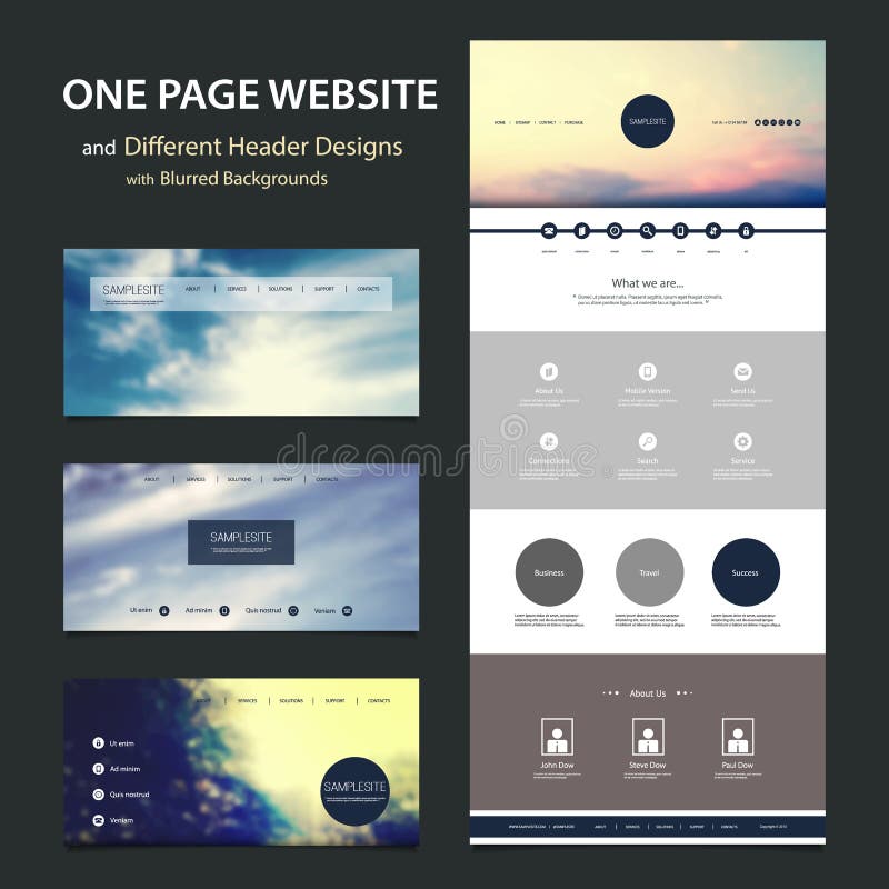 One Page Website Template and Different Header Designs with Blurred ...