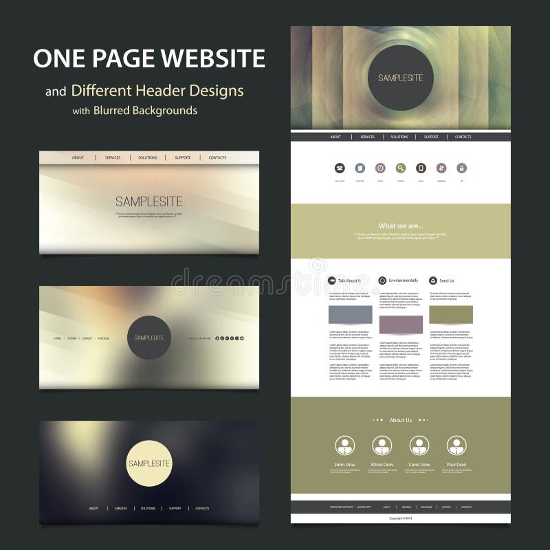 One Page Website Template And Different Header Designs With Blurred ...