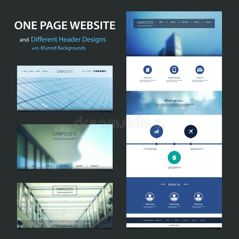 One Page Website Template and Different Header Designs with Blurred ...