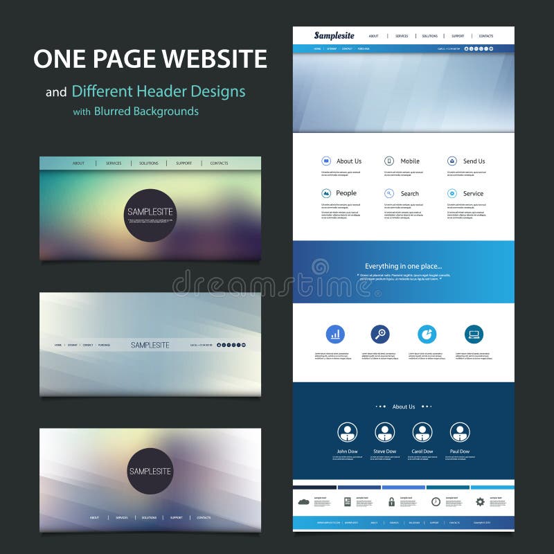 One Page Website Template and Different Header Designs with Blurred ...