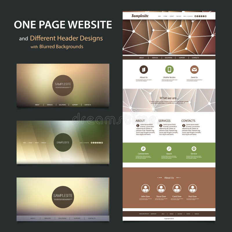 One Page Website Template and Different Header Designs with Blurred ...
