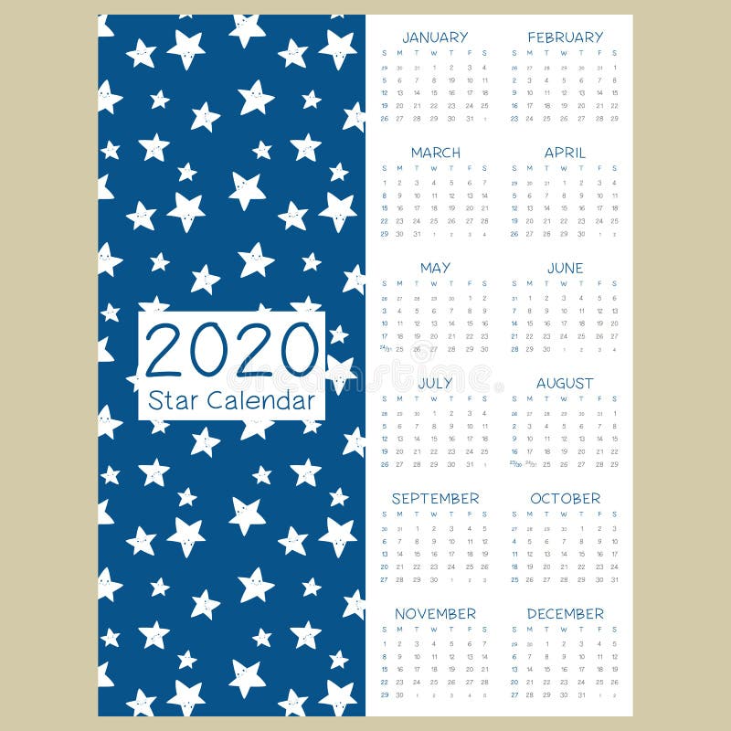 One Page 2020 White Star Calendar Vector Design Stock Vector ...