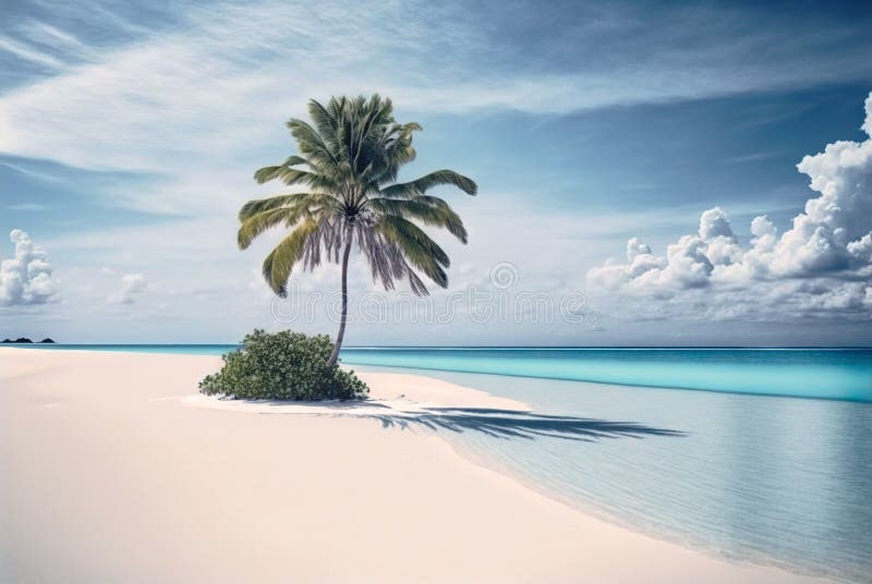 One Palm on a Empty White Beach. Idyllic Tropical Seascape. Paradise ...