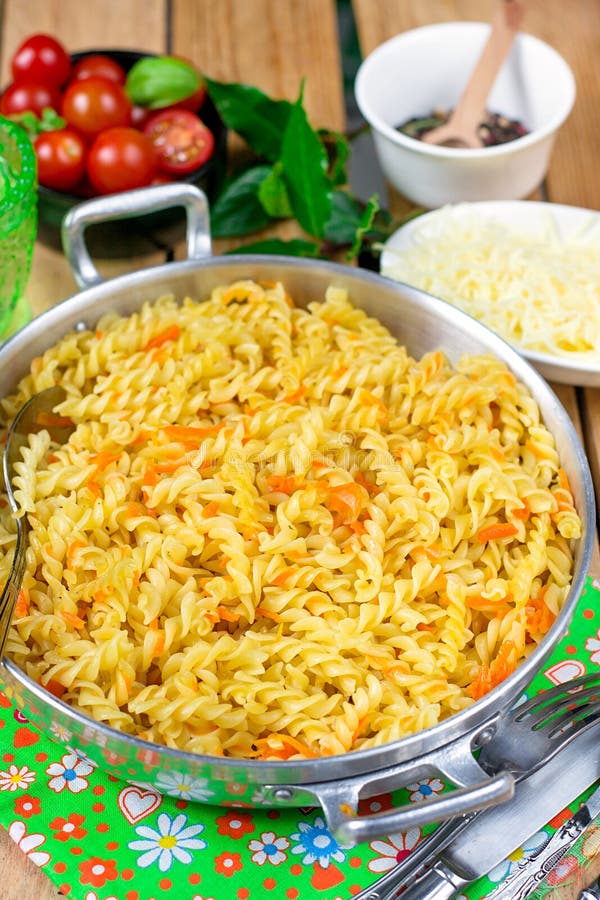 One Pan Pasta Fusilli with Carrots Stock Image - Image of saute, garlic ...