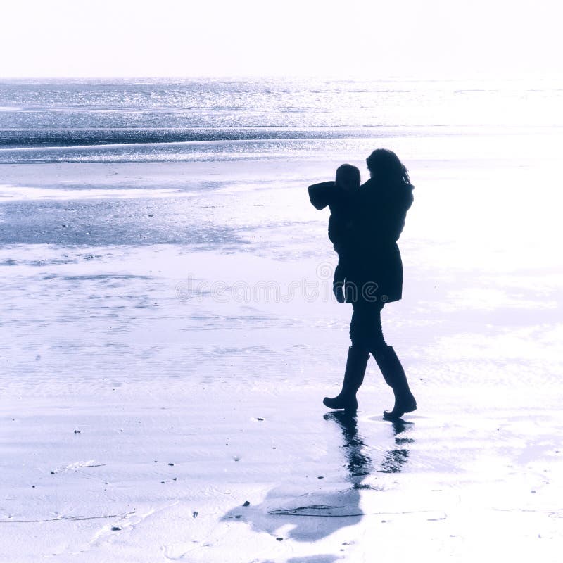Family Alone on Beach with Umbrella Stock Photo - Image of parasol ...