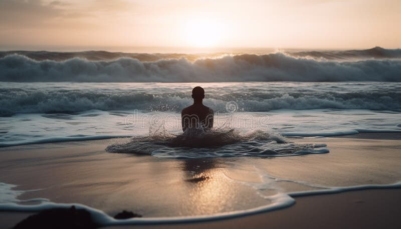 One Person, Backlit, Silhouette, Surfing Waves at Sunset Generated by ...