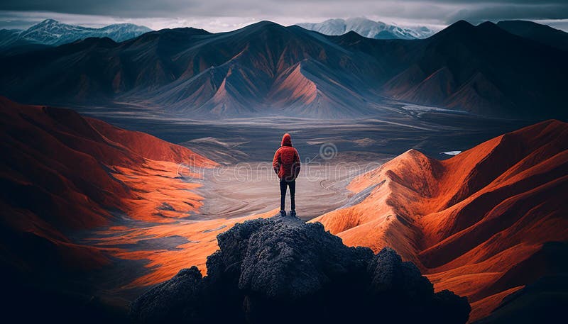 One Person Conquering Adversity, Standing High Up Generated by AI Stock ...