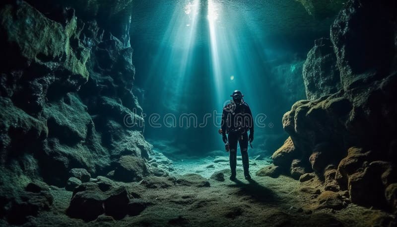 One Person Diving into Deep Blue Water, Exploring Underwater Generated ...