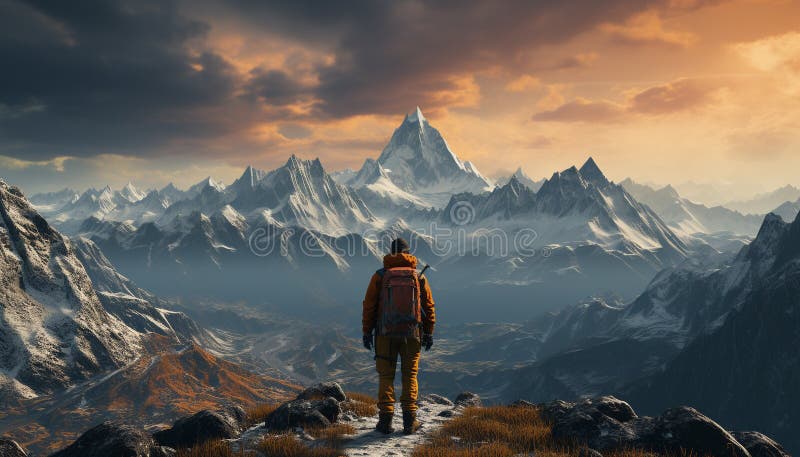 One Person Hiking, Exploring Majestic Mountain Range, Backpacking ...