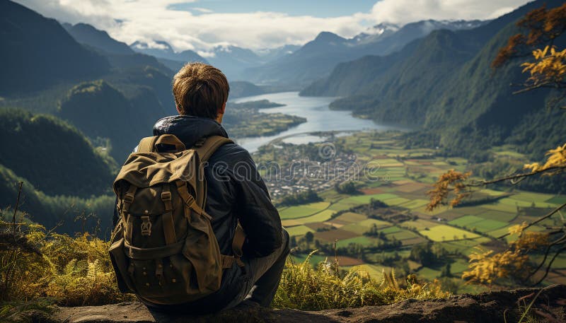 One Person Hiking, Exploring Nature Beauty, Standing on Mountain Peak ...