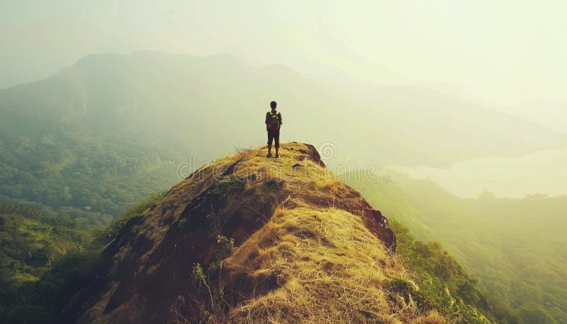One Person Hiking, Standing on Mountain Peak, Enjoying Nature Stock ... One Person Hiking, Standing on Mountain Peak, Enjoying Nature Stock ...