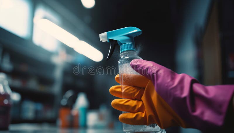 One Person Holding Bottle, Spraying Liquid with Protective Glove ...