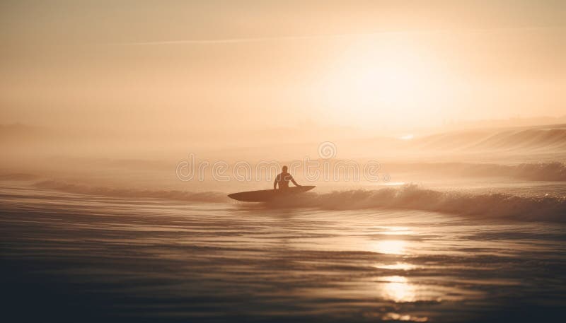 One Person Holding Surfboard, Paddling Towards Back Lit Wave Generated ...