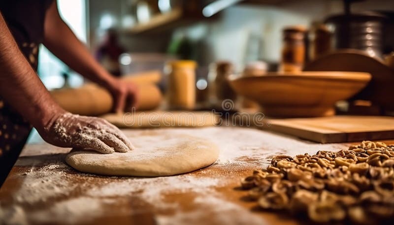 One Person Kneading Dough, Preparing Homemade Bread in Rustic Kitchen ...