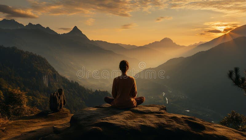 One Person Meditating on Mountain Peak, Surrounded by Serene Nature ...