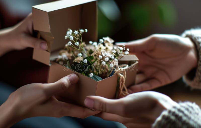 One Person Presents a Gift Box To Another Person with Flowers Inside ...