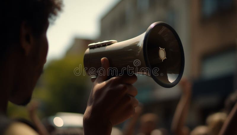 One Person Shouting, Holding Megaphone, Addressing Enthusiastic ...