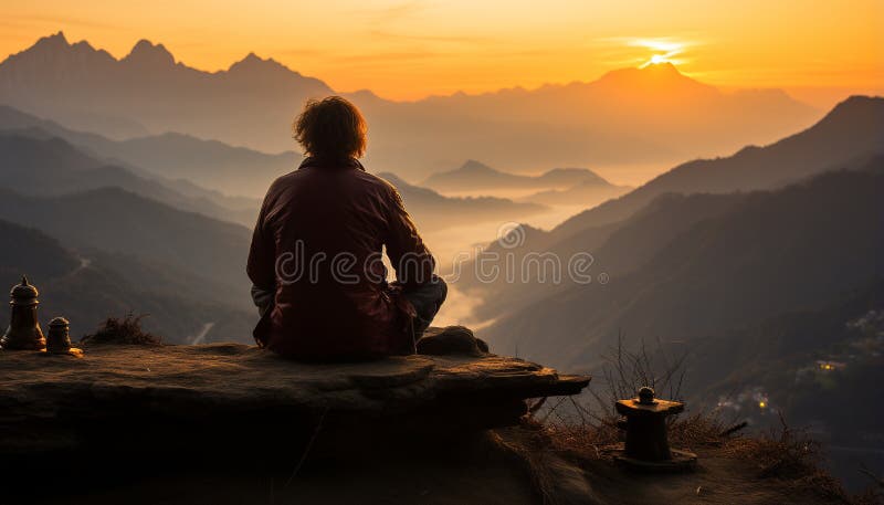One Person Sitting, Meditating, Surrounded by Serene Nature Generated ...