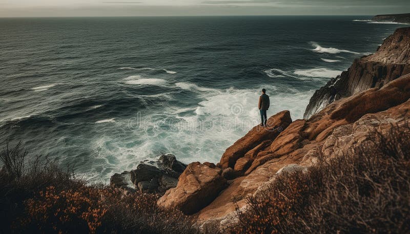 One Person Standing on Cliff, Admiring Sunset Over Water Generated by ...