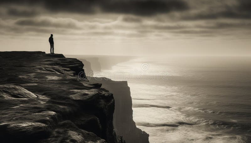 One Person Standing on Cliff, Silhouette Against Majestic Sunset ...