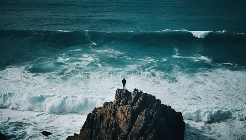 One Person Standing on Cliff, Watching Wave Break Generated by AI Stock ...
