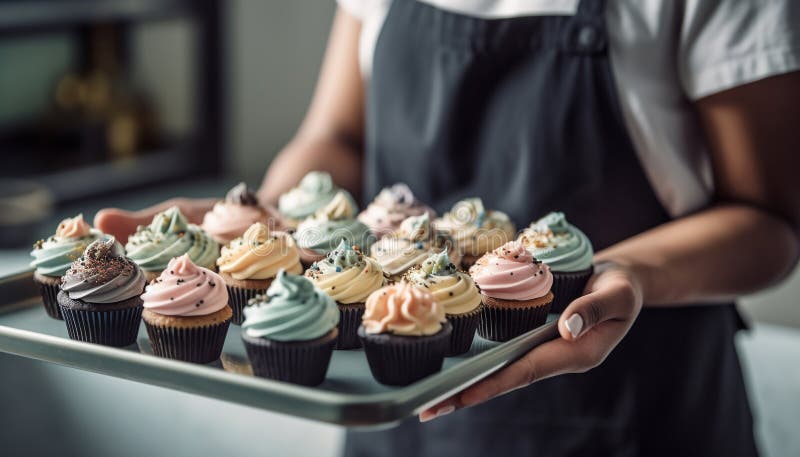 One Person Standing in a Domestic Kitchen Decorating Cupcakes Generated ...