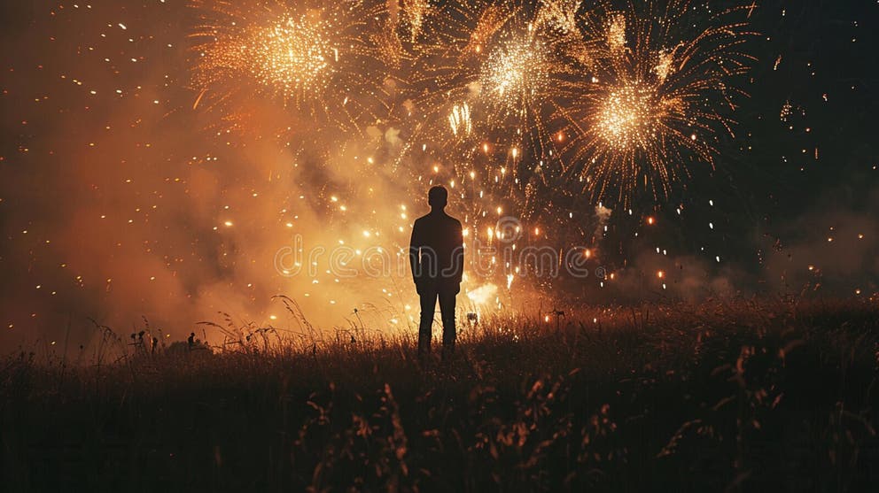 One Person Standing Illuminated by Firework Display Stock Illustration ...