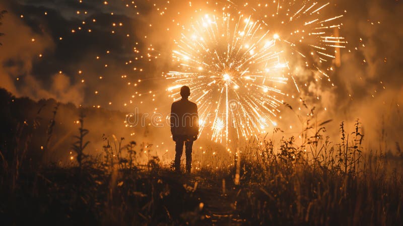 One Person Standing Illuminated by Firework Display Stock Illustration ...