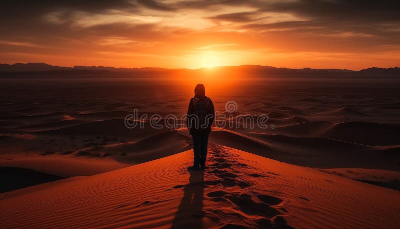 One Person Standing on Mountain Peak, Backlit Generated by AI Stock ... One Person Standing on Mountain Peak, Backlit Generated by AI Stock ...