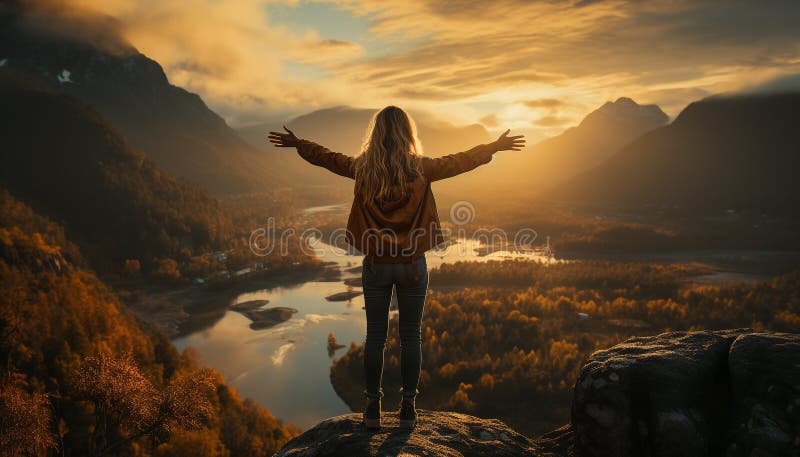 One Person Standing on Mountain Peak, Enjoying the Sunset Generated by ... One Person Standing on Mountain Peak, Enjoying the Sunset Generated by ...
