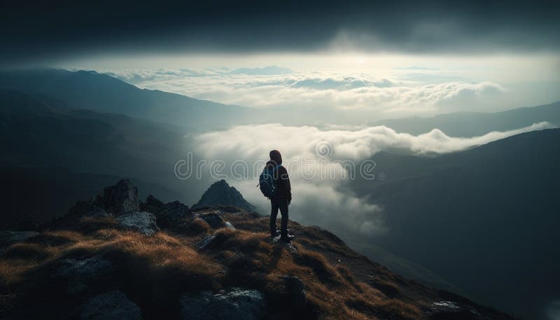 One Person Standing on Mountain Peak Silhouette Generated by AI Stock ... One Person Standing on Mountain Peak Silhouette Generated by AI Stock ...