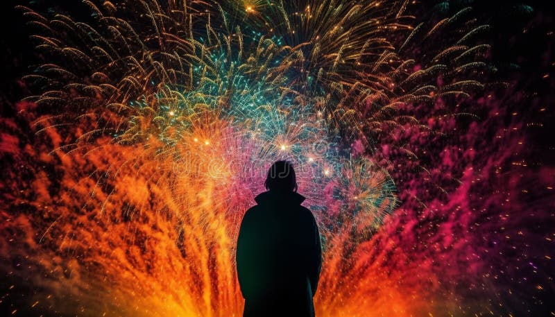 One Person Standing in Nature, Celebrating with Exploding Fireworks ...