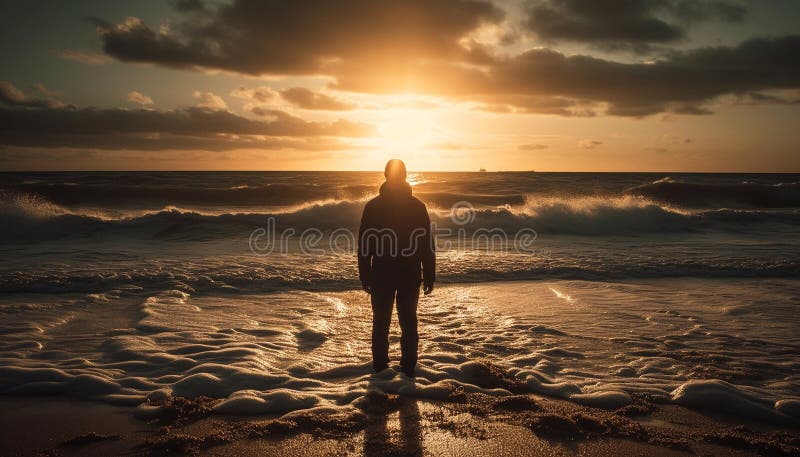 One Person Standing at Waters Edge, Back Lit by Sunset Generated by AI ...