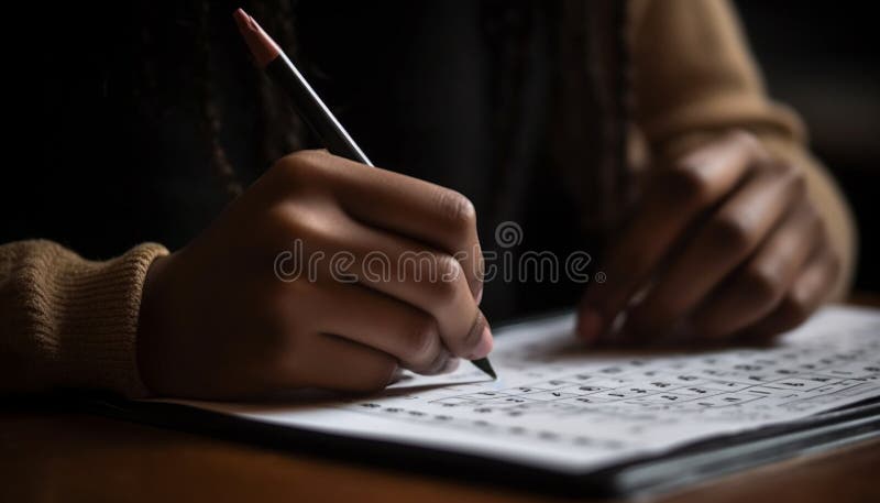 One Person Studying Indoors, Writing with Pen on Paper Generated by AI ...