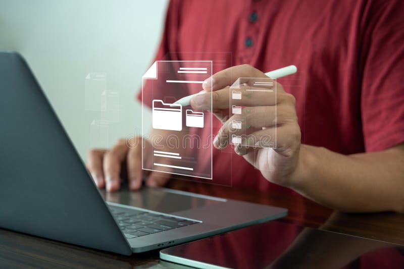 One Person is Using a Computer. Digital Document Management Concept on ...