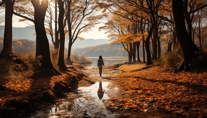 One Person Walking in the Autumn Forest, Enjoying Solitude and ...