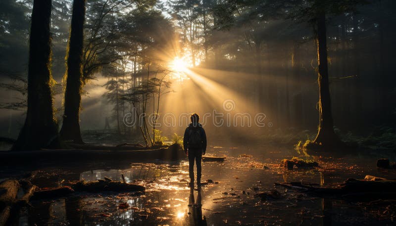 One Person Walking in the Dark Forest at Dusk Generated by AI Stock ...