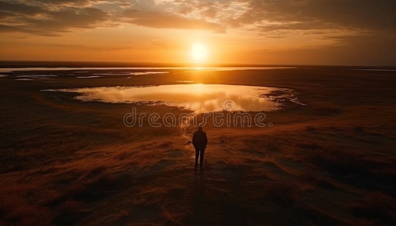 One Person Walking on Sand at Sunset Generated by AI Stock Illustration ...