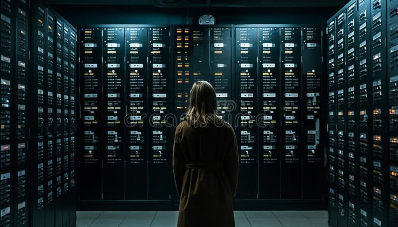 One Person Working on Computer Equipment Inside a Futuristic Library ...