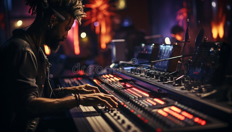 One Person Working, Mixing Music on Stage in Nightclub Generated by AI ...
