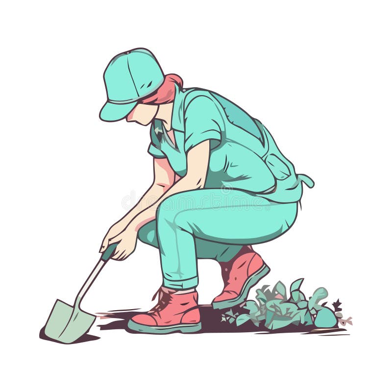 One Person Working Outdoors, Digging with Shovel Stock Vector ...