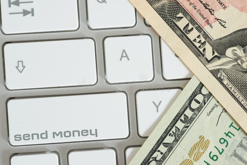 A Computer, Dollar Bills and Button Send Money Stock Image - Image of ...