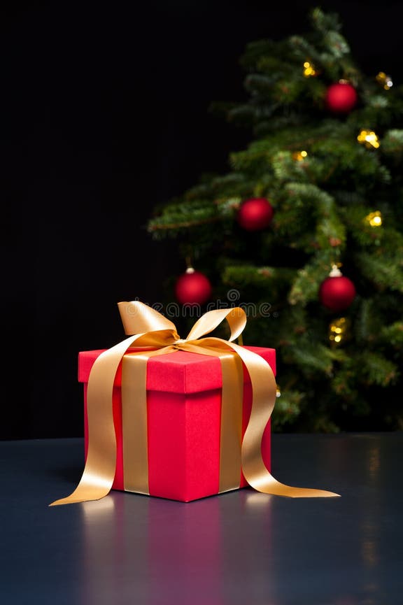 One Present with Gold Ribbon Stock Image - Image of xmas, branches ...