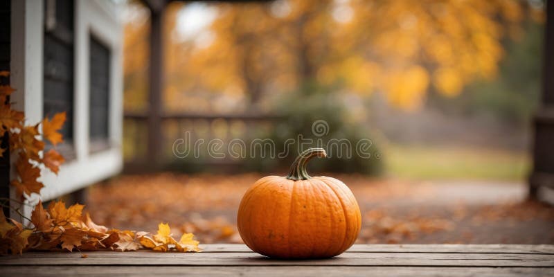 One Pumpkin Sitting on Rustic Porch with Fall Leaves. Stock Image ...