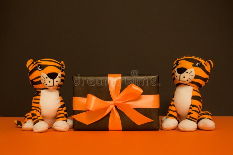 One Rectangular Gift Box Packed in Black Paper, Decorated with Orange ...